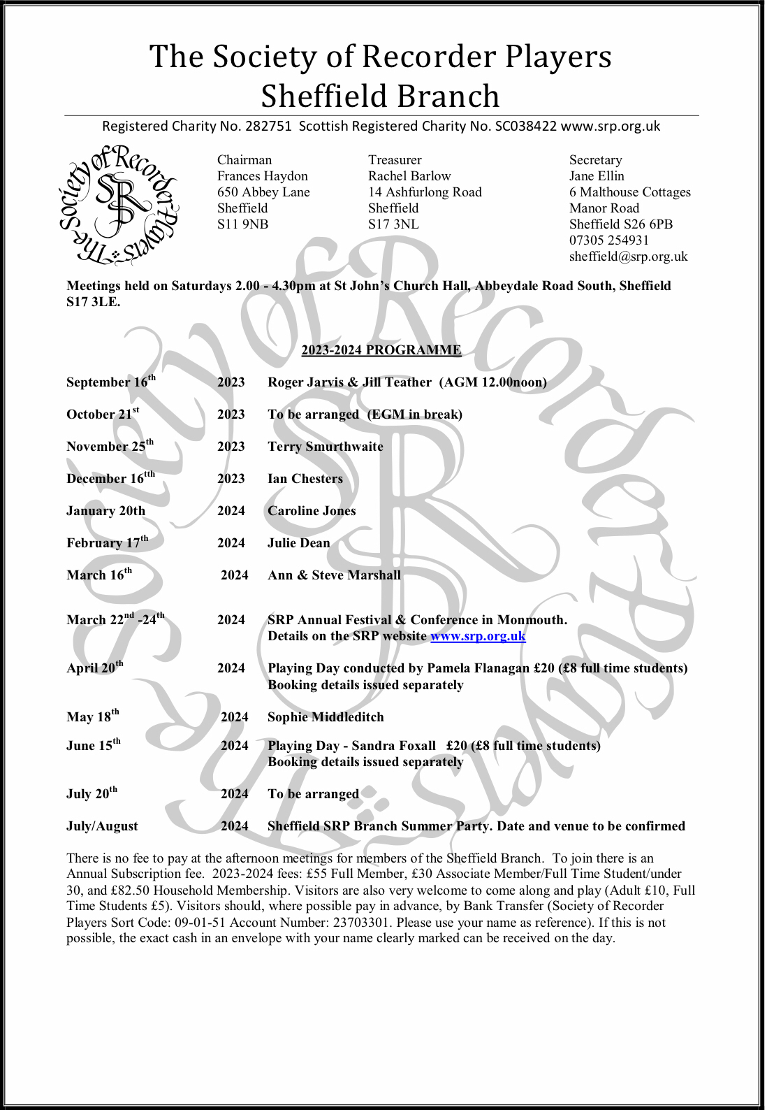 Sheffield Branch Programme – Society of Recorder Players