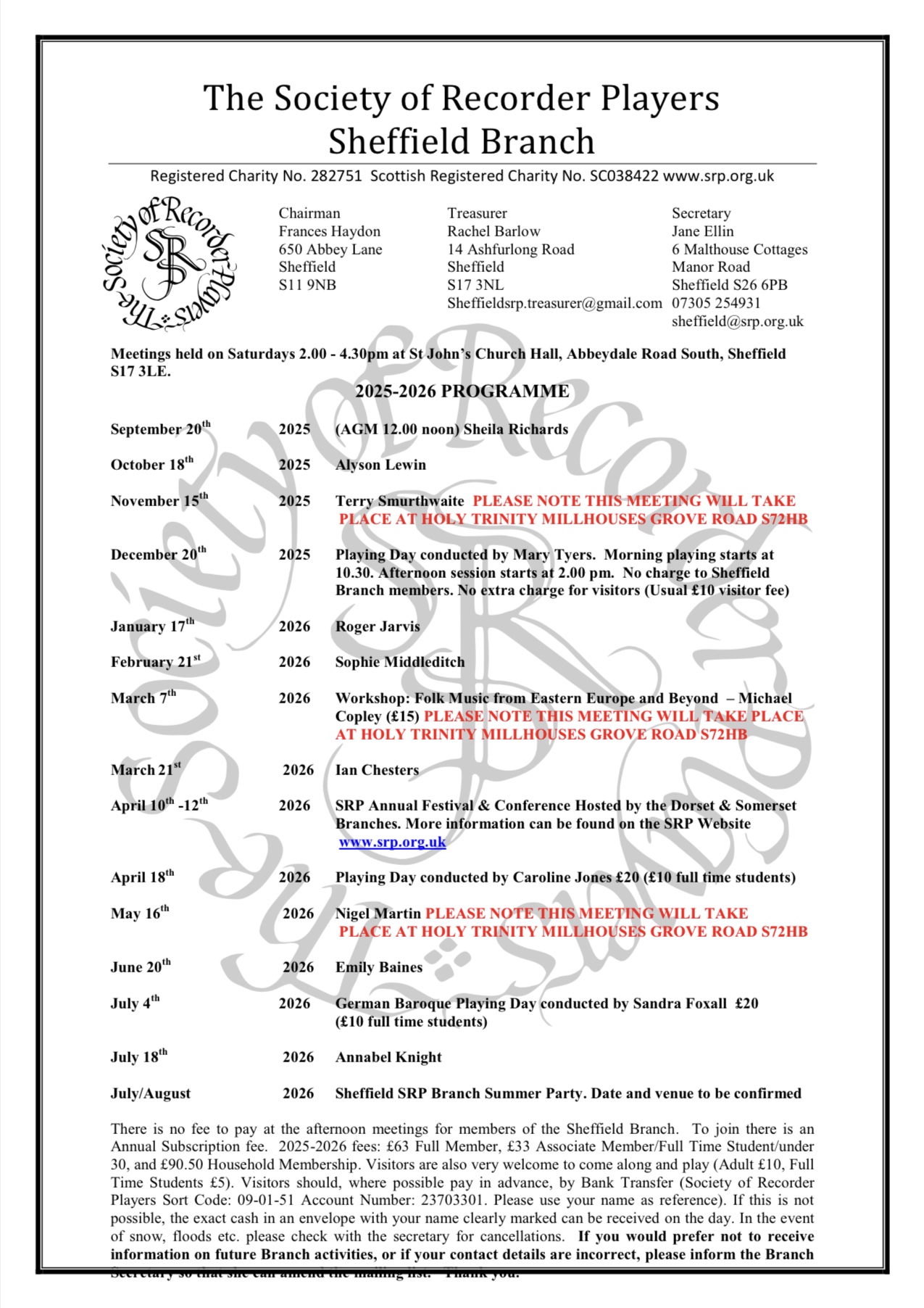 Sheffield Branch Programme – Society of Recorder Players